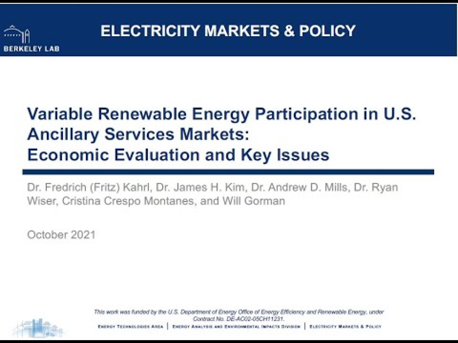 Variable Renewable Energy Participation in U.S. Ancillary Services ...
